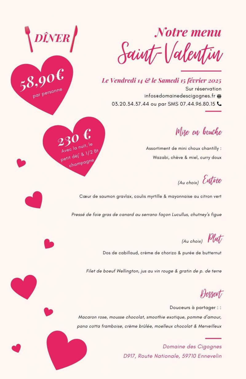 "Menu St Valentin" du restaurant Le Domaine des Cigognes à Ennevelin